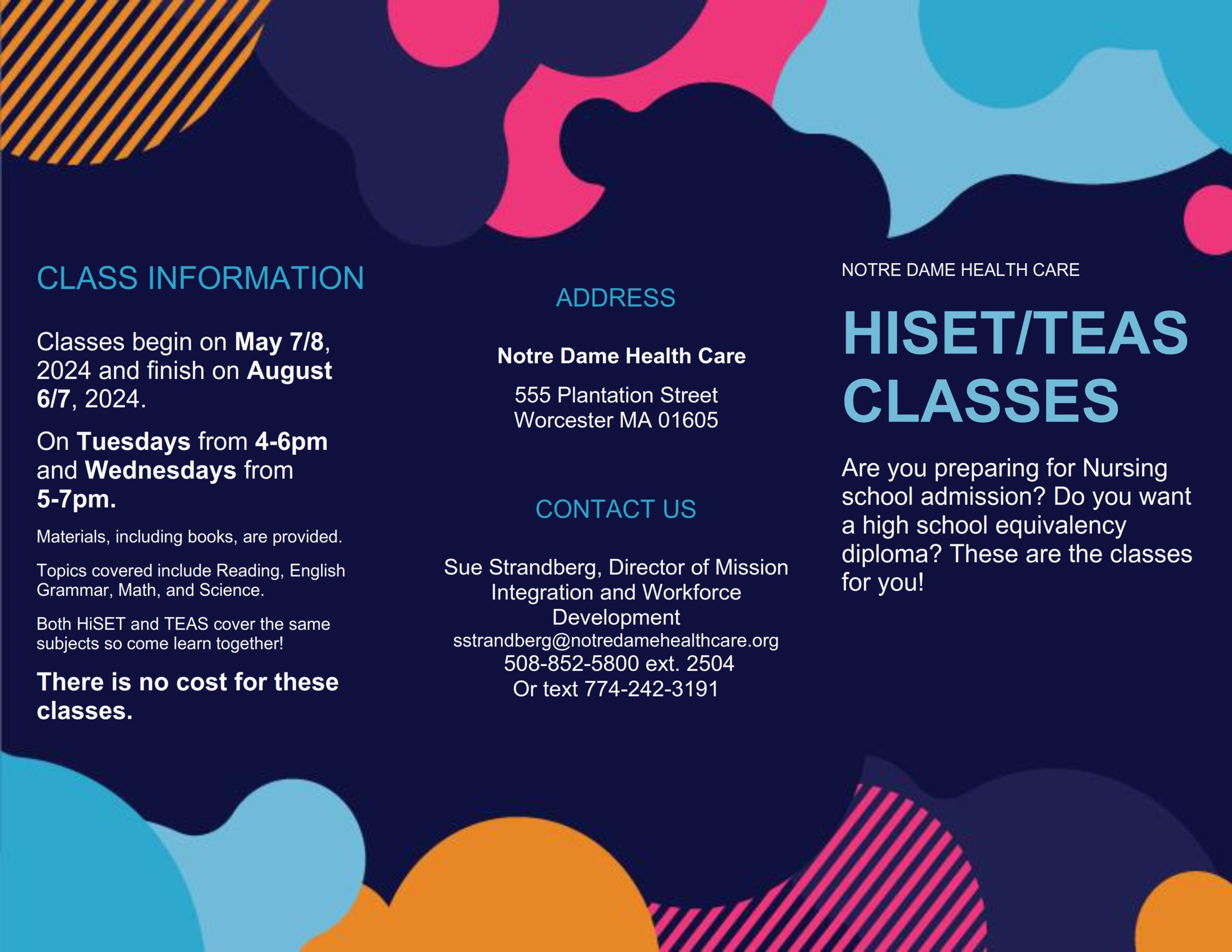 HiSET and TEAS - Upcoming Class Schedule! - Notre Dame Health Care